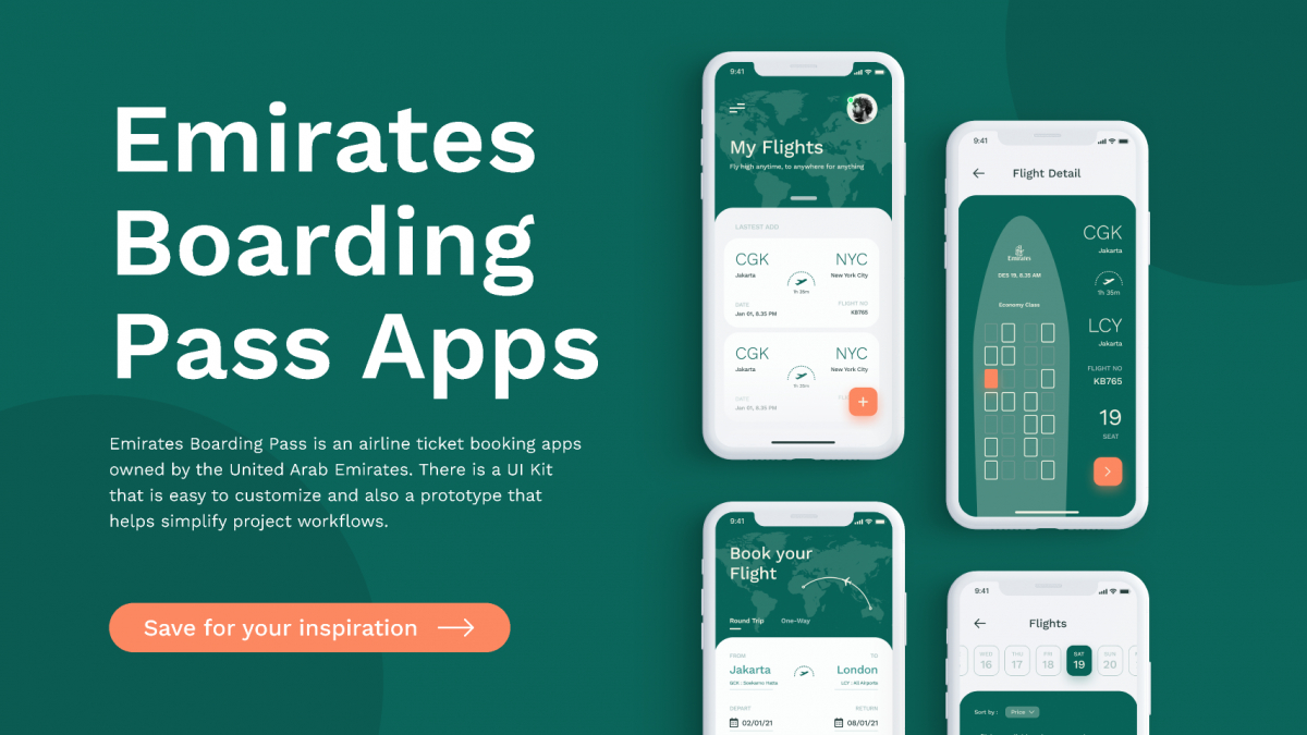 Emirates Boarding Pass App UI Kit Figma | UI4Free