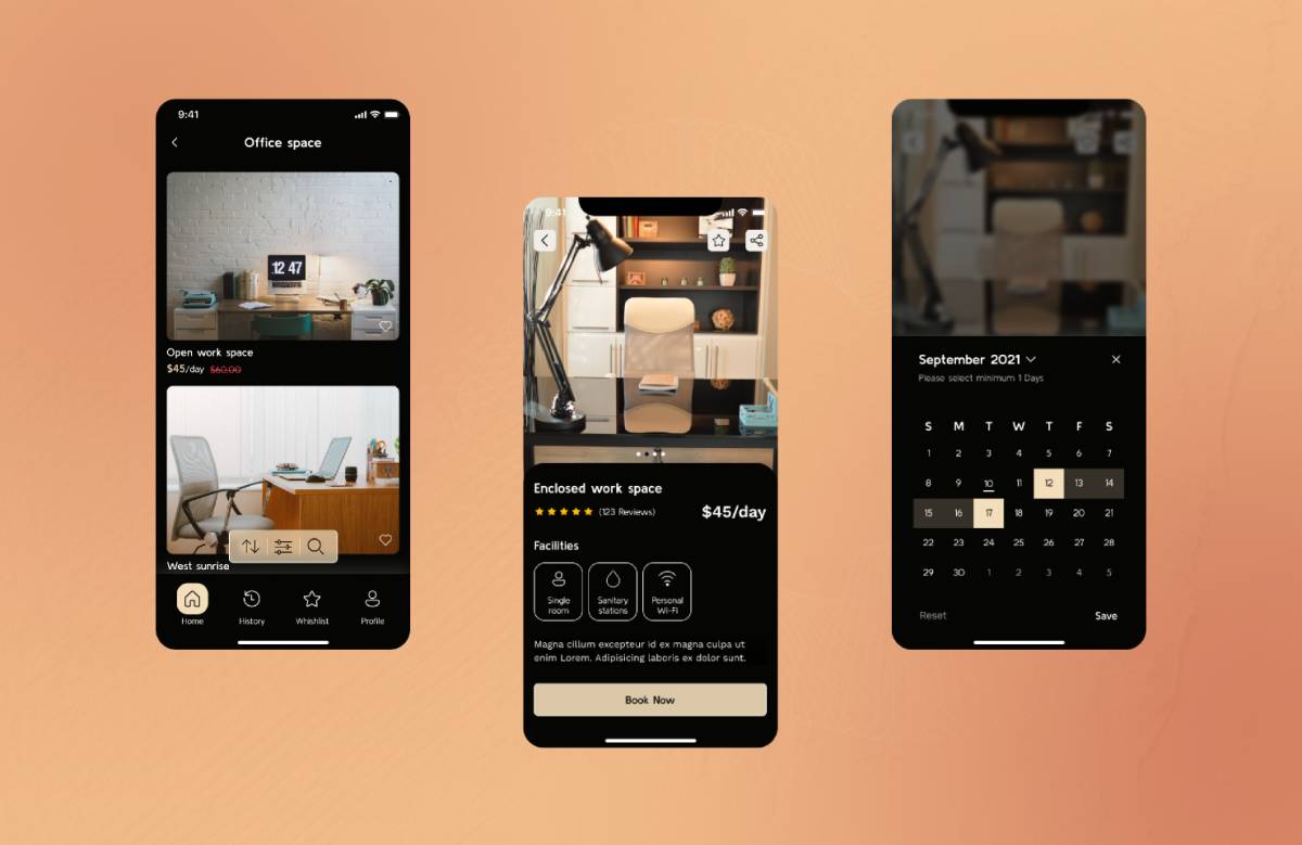 Figma Booking app for openspace | UI4Free