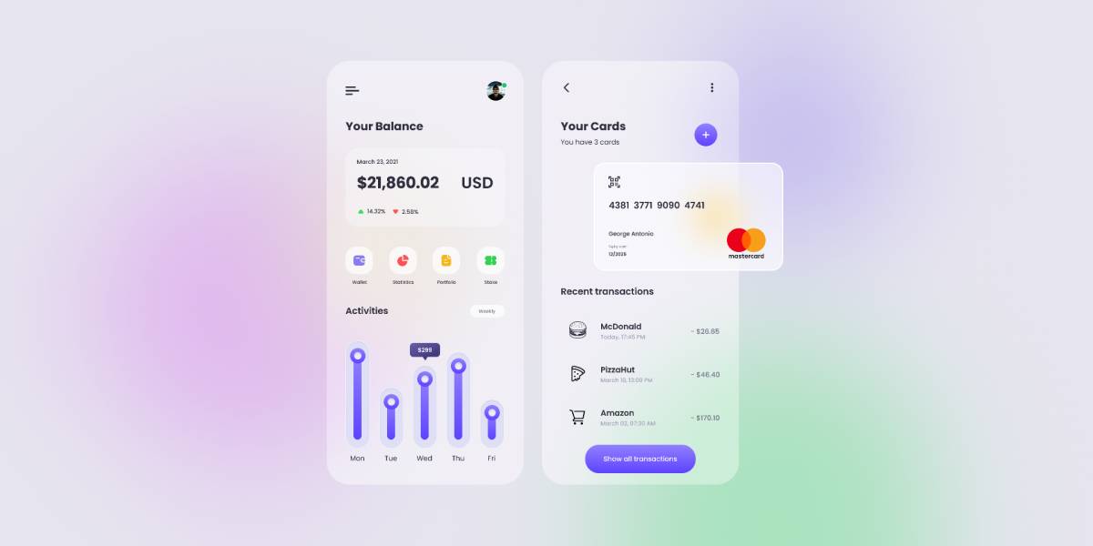 Figma Glassmorphism Mobile Wallet Exploration Free Download | UI4Free