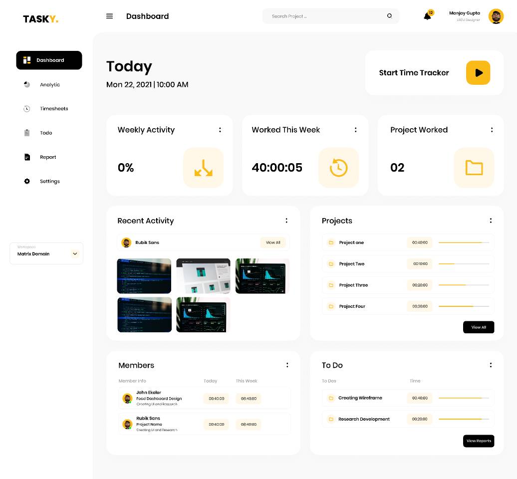 Figma Tasky - Task and Time Management Dashboard | UI4Free