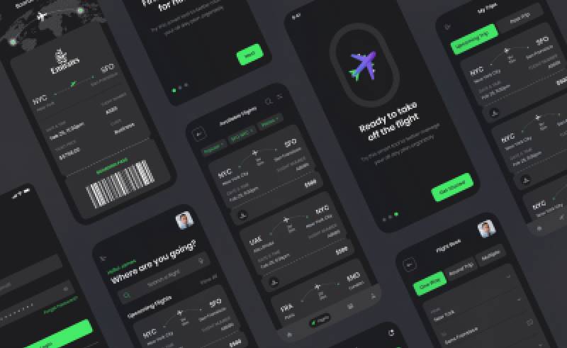 Flight Ticket Booking App Dark Mode Figma Mobile Ui Kit | UI4Free