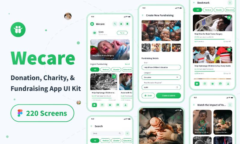 Wecare - Donation, Charity, & Fundraising App UI Kit | UI4Free Wecare - Donation, Charity, & Fundraising App UI Kit | UI4Free